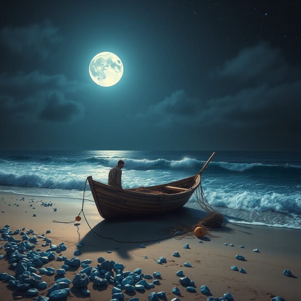 Moonlit Beach Scene with Shimmering Border of Ligh... - AI Art