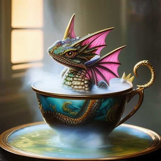 Baby dragon cooling itself in a dragon teacup - AI Generated Artwork ...
