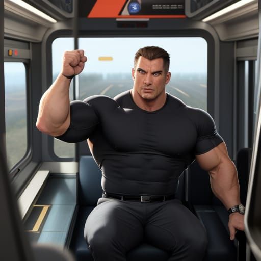 A beefcake muscled train driver behind the wheel o... - AI Art