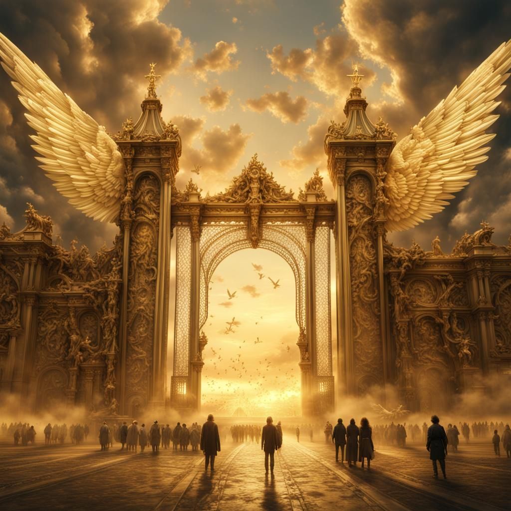 A thousand people stand in front of a very giant gate made of gold in ...