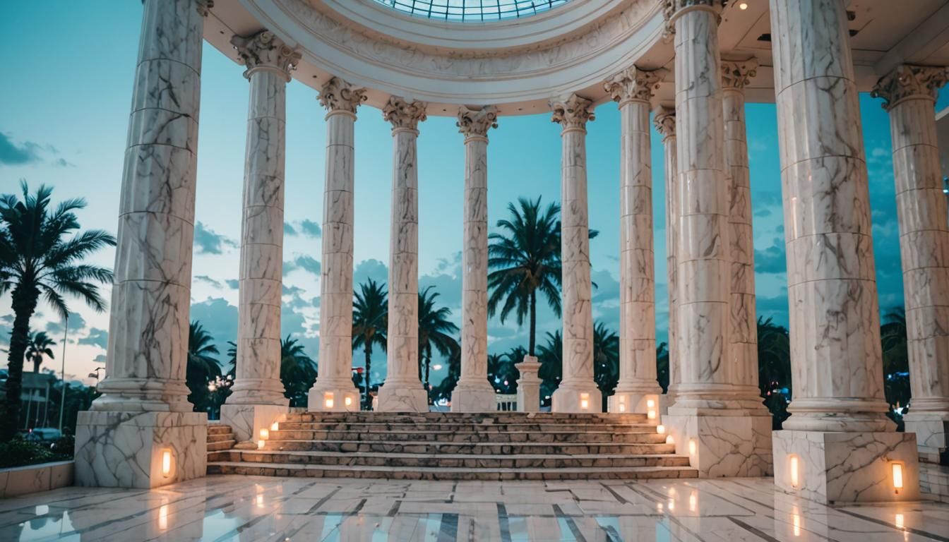 Palm Mall 80s nostalgia vaporwave liminal space White marble columns ...