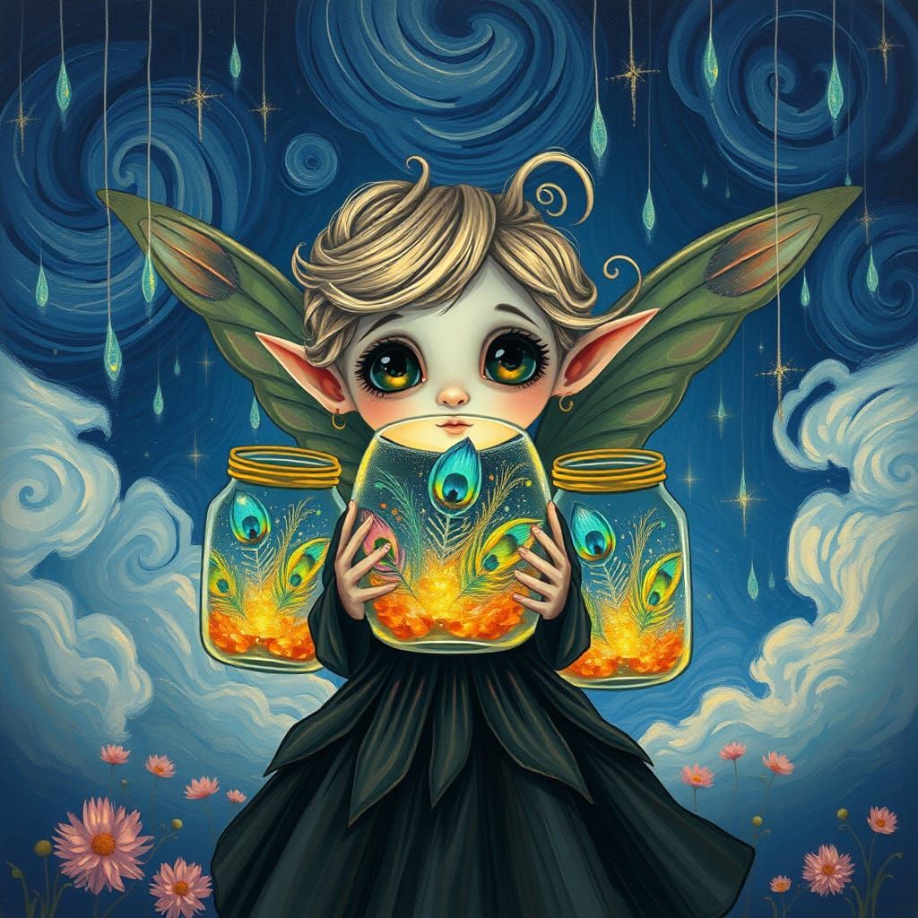 Peacock feathers raindrops fall from the sky Van Gogh-inspired whimsy ...