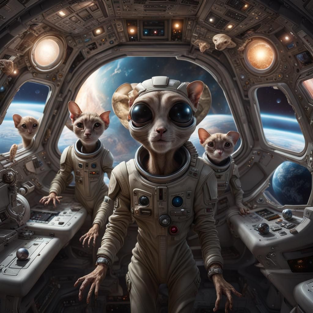 Photograph, Marco, aliens with mice at the commands in the spaceship in ...