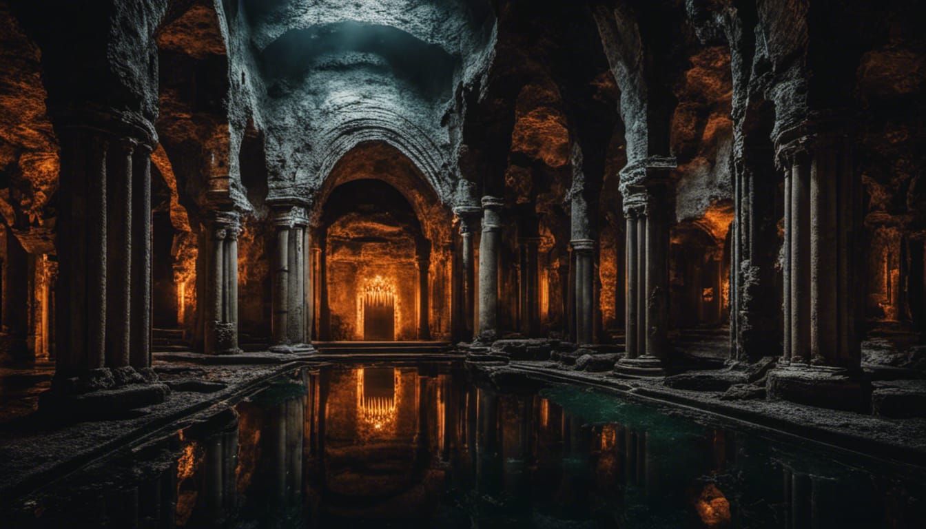 A dark flooded ancient crypt chamber. color photograph. 64 megapixels ...