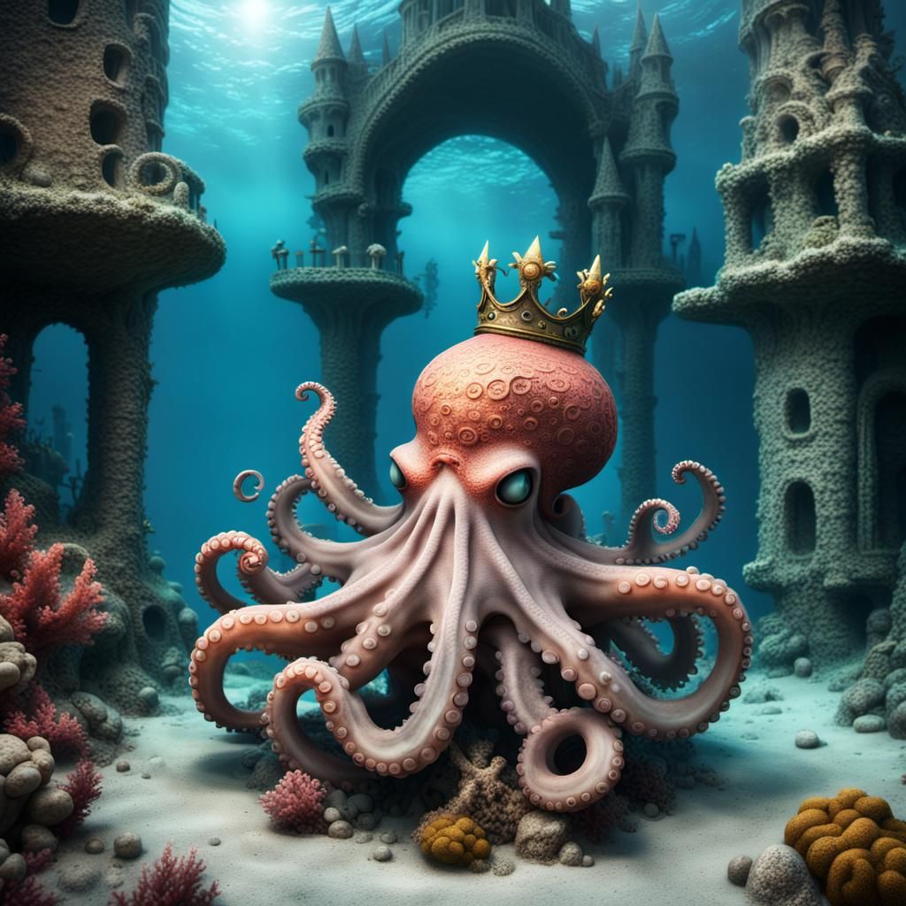 An underwater coral castle, octopus wearing a crown - AI Generated ...