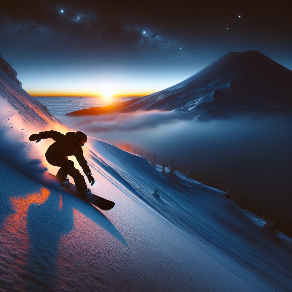 Snowboard - Snowboarder Descends a Snow-Covered Volcano at D...