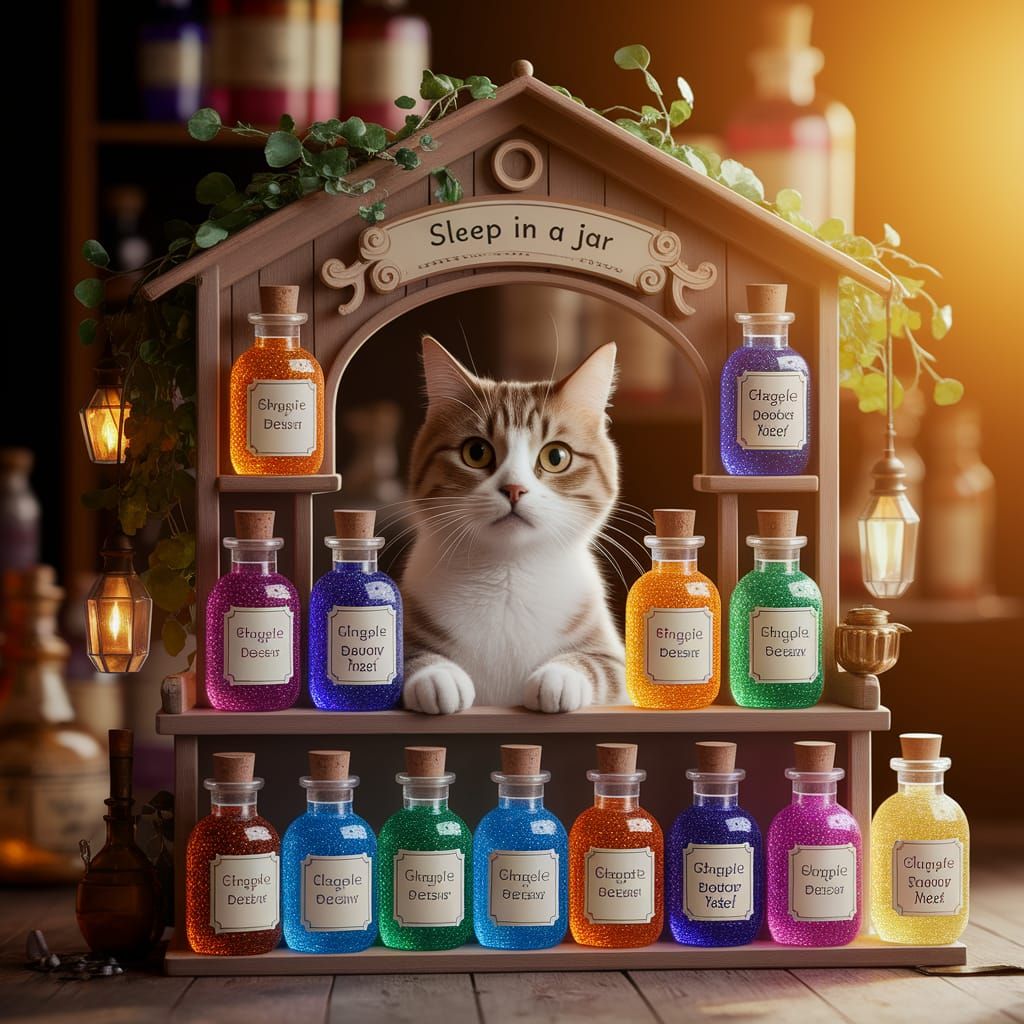 "Cute magical market stall run by a talking cat, selling colorful ...