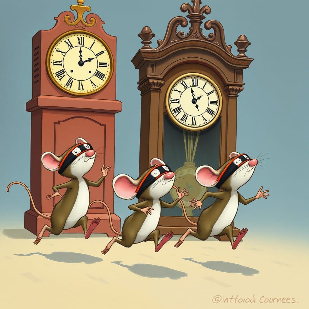 Blindfolded Mice Racing a Grandfather Clock in Sto... - AI Art