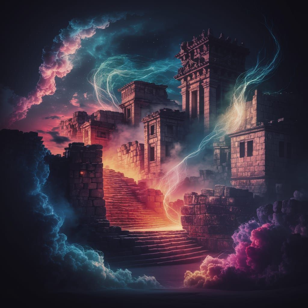 Misty, iridescent vapors swirl around the ancient, mystical city of the ...