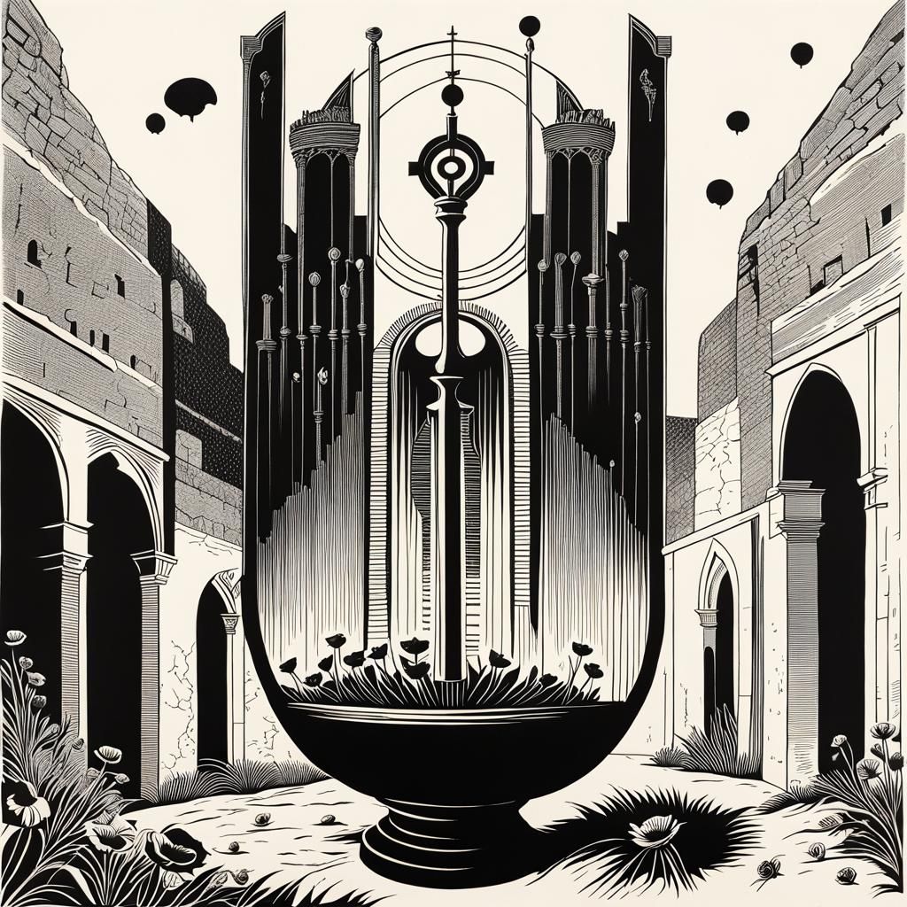 religious ecstasy holding a key in a bombed building, poppies in a vase ...