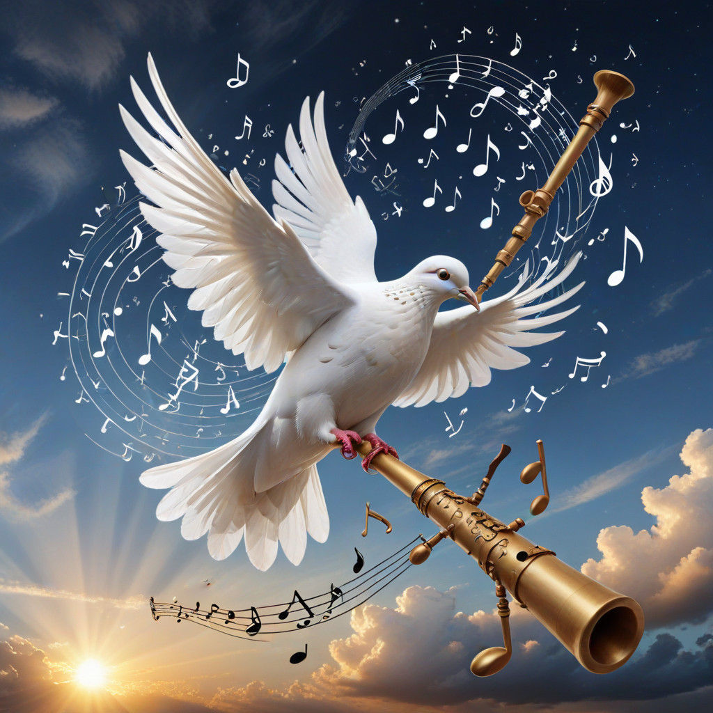 (Dove playing the peace pipe with musical notes and peace symbols ...