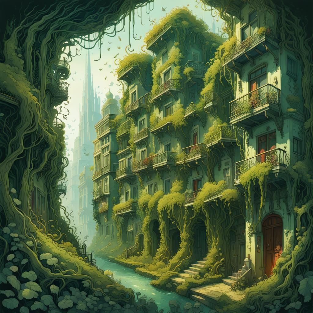 a painting of a Overgrown city covered in vines and moss, an ultrafine ...