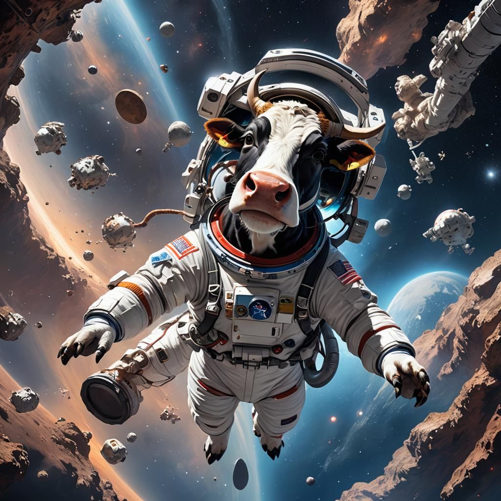 a cow in an astronaut's helmet floating in the vacuum of space - AI ...