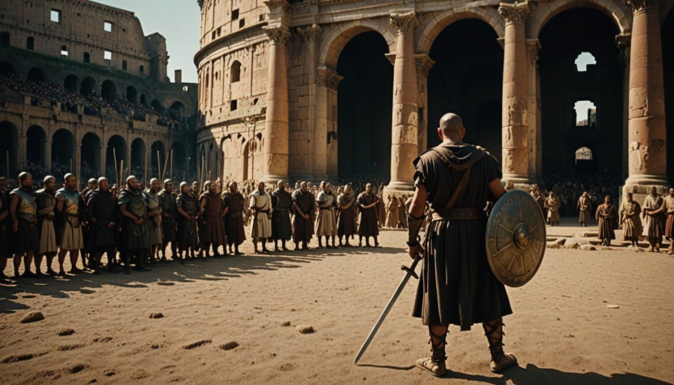 in a grand Roman amphitheater, two gladiators—one a heavily armored ...
