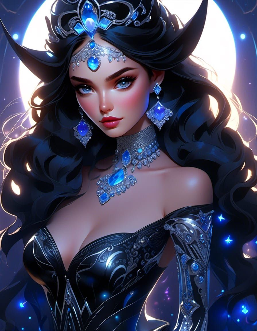 Animated beautiful witch, glowing starlit eyes, long silver and dark black ombré hair, cosmic ...