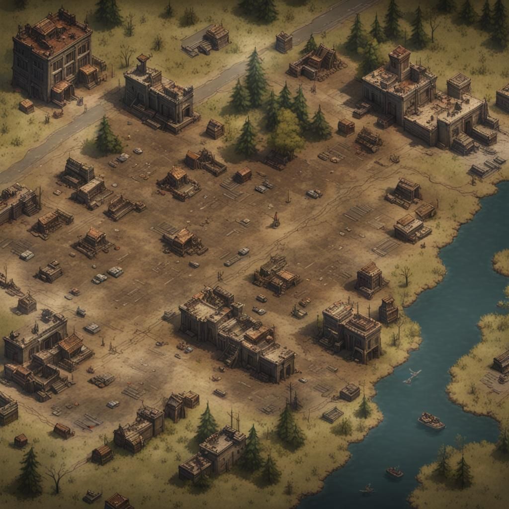Generate a top-down view of an expansive, post-apocalyptic Battle ...