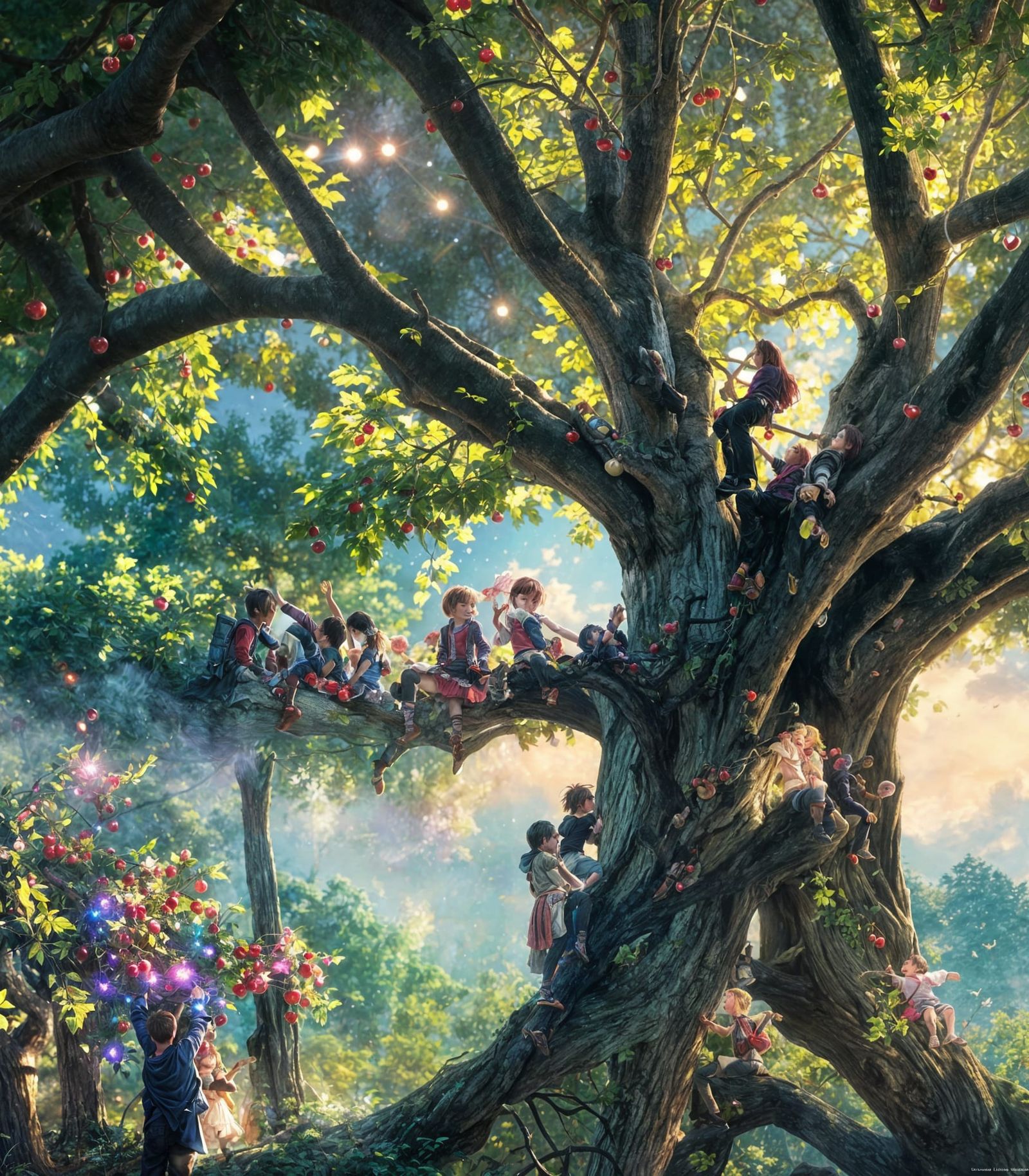Many happy children climbing a huge tree picking cherries and laughing - AI Generated Artwork ...