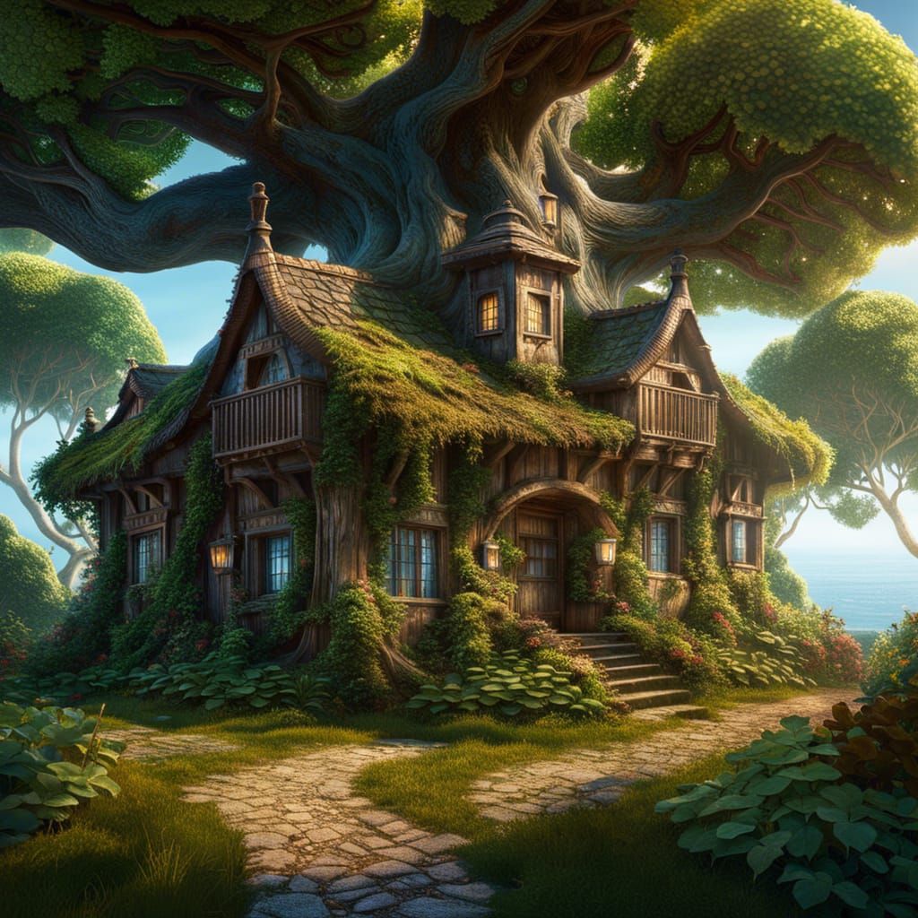 Cottage overgrown with ancient trees - AI Generated Artwork - NightCafe Creator