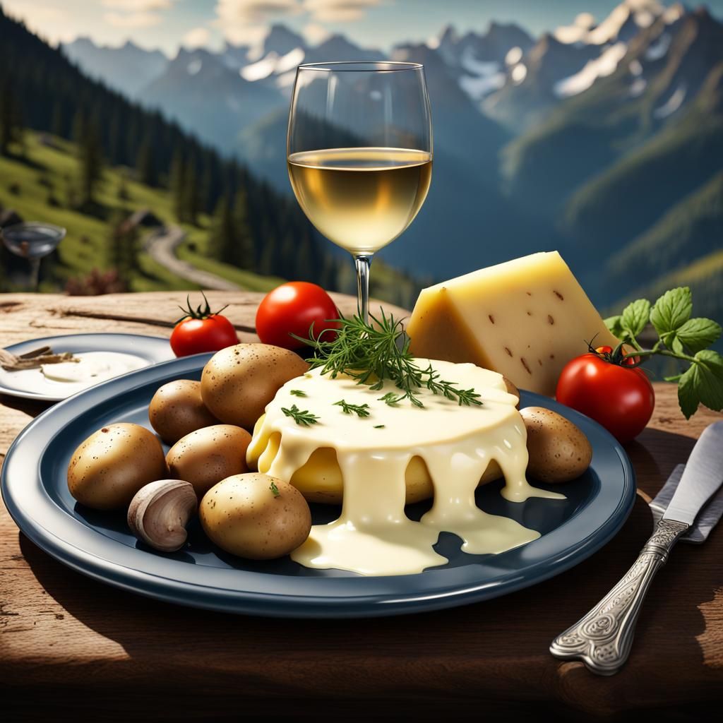 swiss raclette in alpine setting - AI Generated Artwork - NightCafe Creator