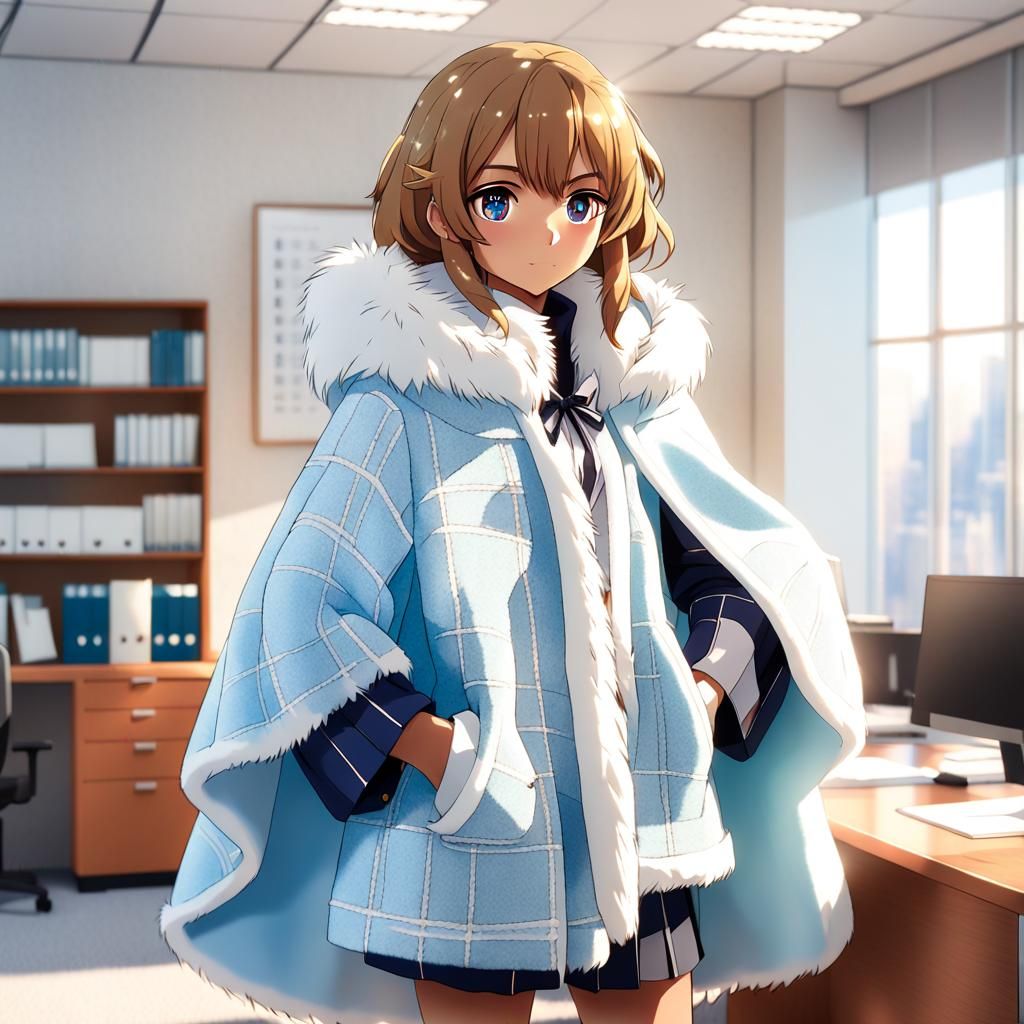 Anime Girl in Avou Avou light Blue Tweed Jacket enveloped in a white ...