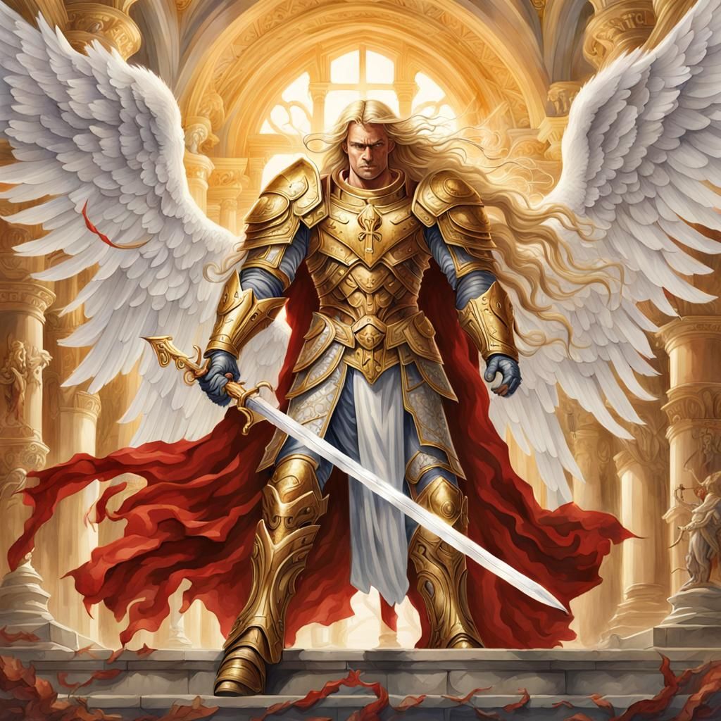 Watercolor painting of Sanguinius. White angel wings, long blonde hair ...