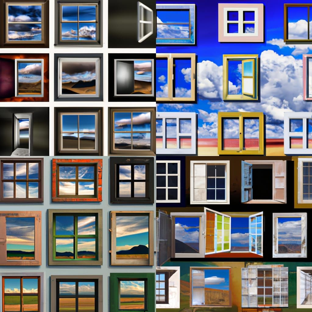 many windows all shapes and sizes and styles. floating above a surreal ...