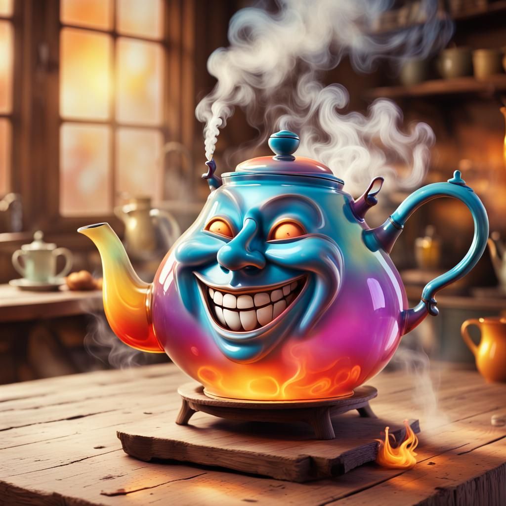 Cartoon-style happy boiling teapot with exaggerated steam shaped like ...