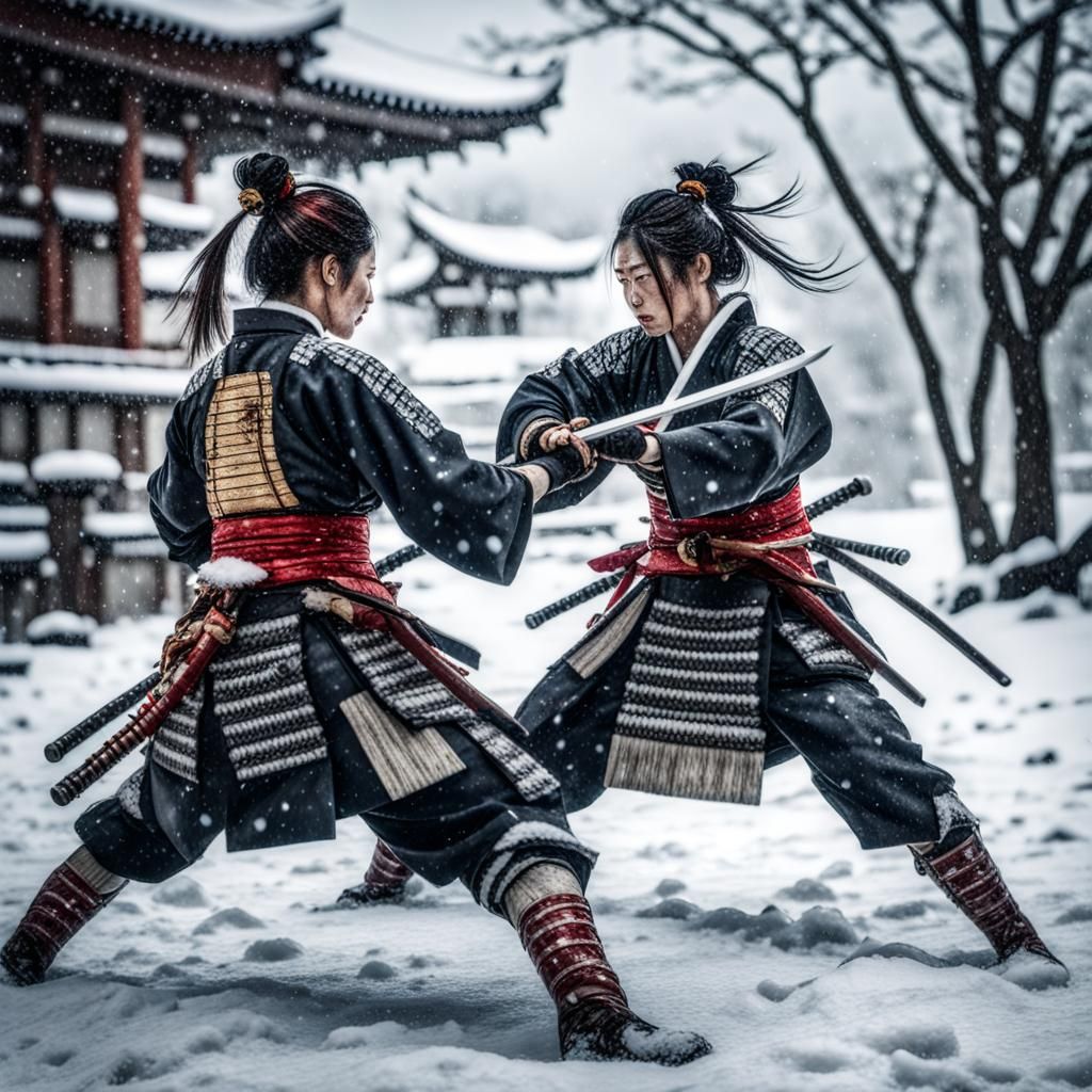 Two female samurai warriors fighting with katanas in the snow - AI ...