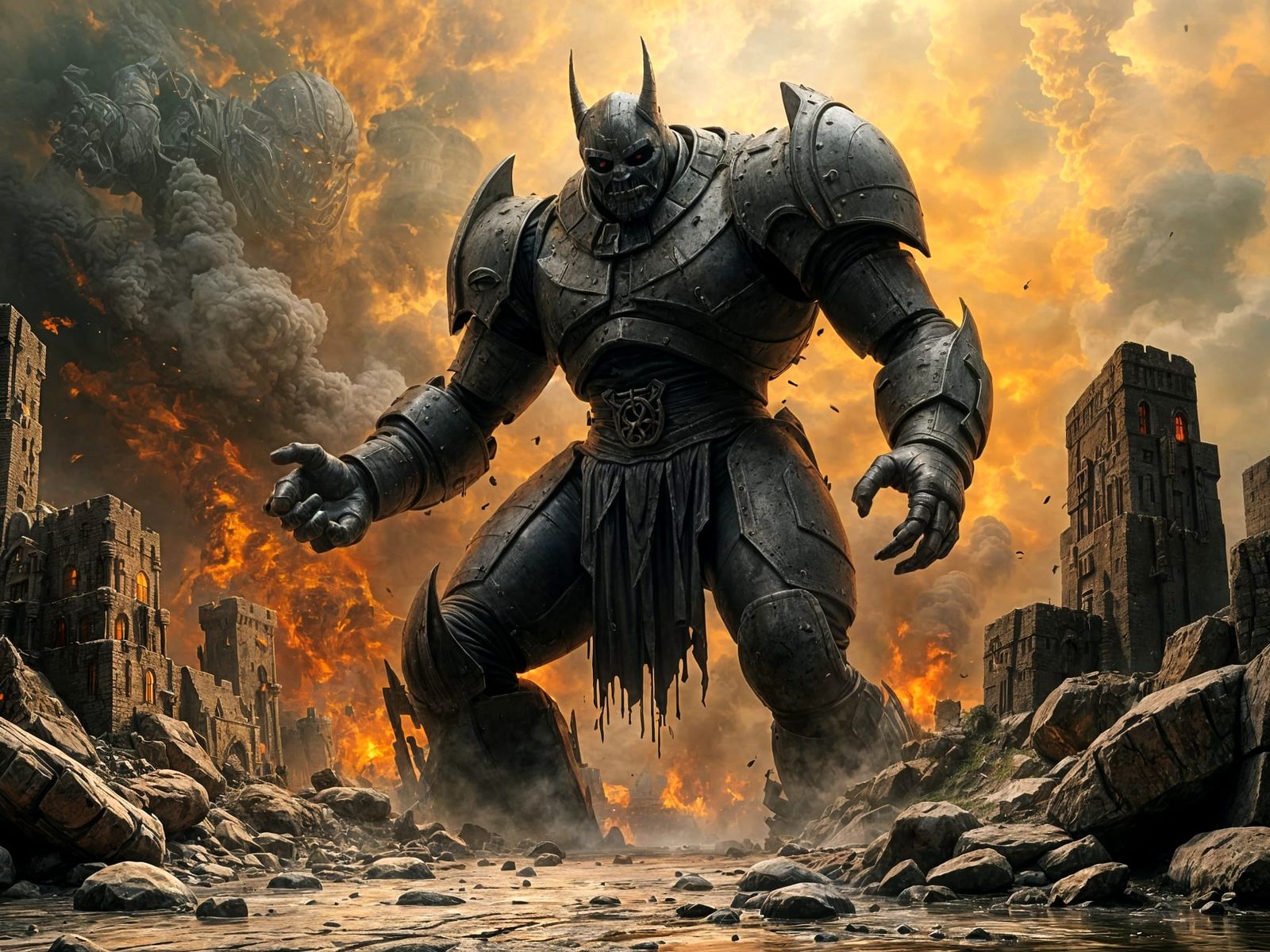 A huge angry metal golem devastating a castle.