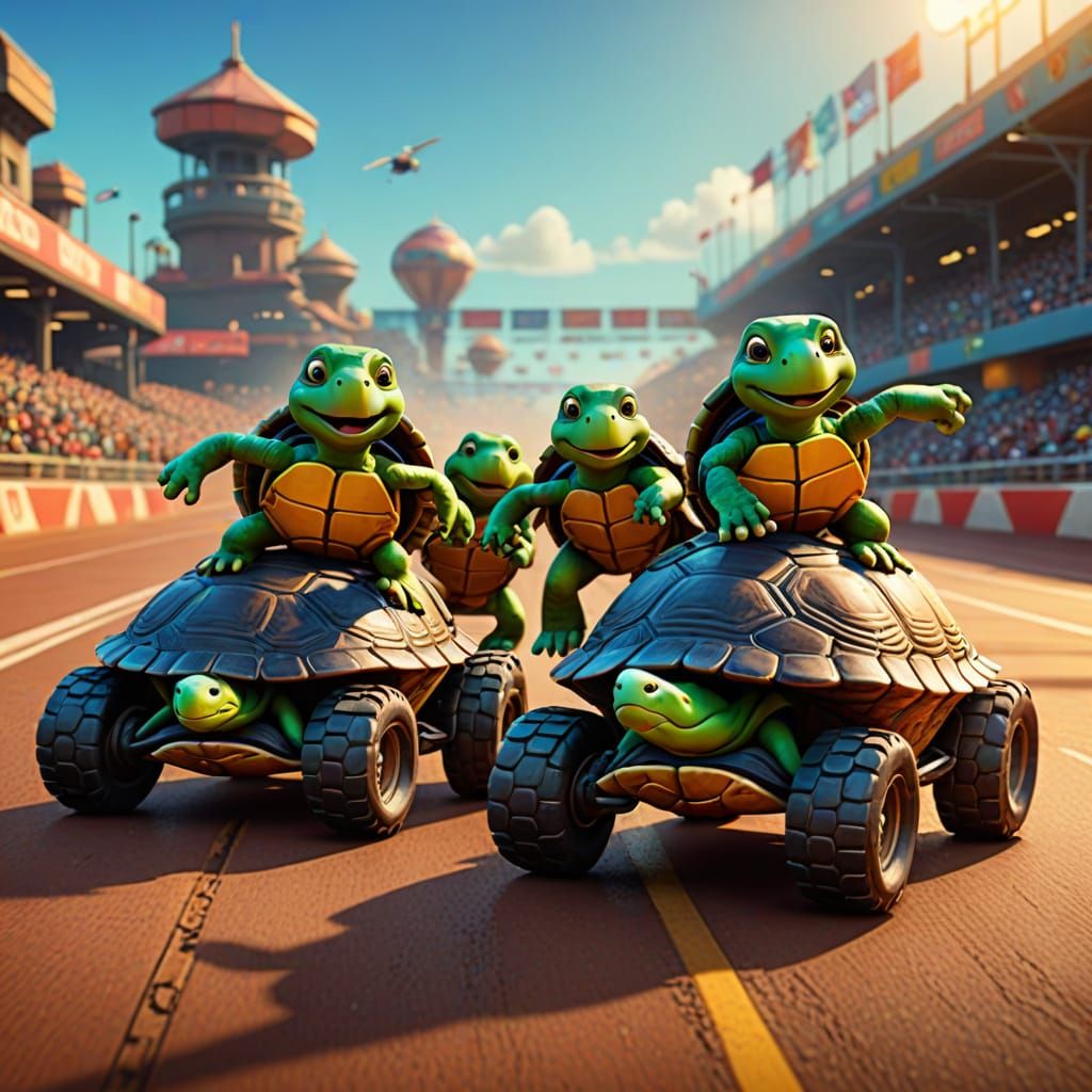 Vibrant Turtles Speed Across a Radial Background i... - AI Art