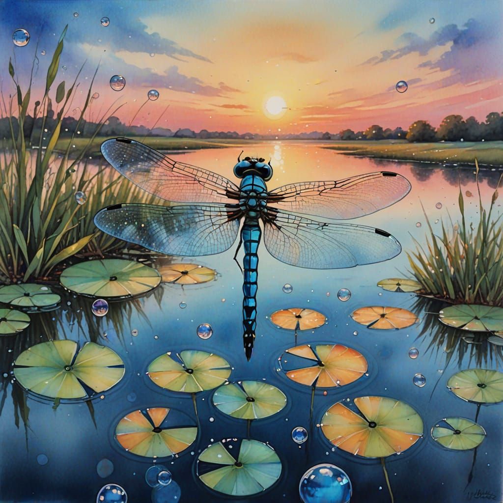 Dreamy Dragonfly Sunset in Watercolor Pastels - AI Art