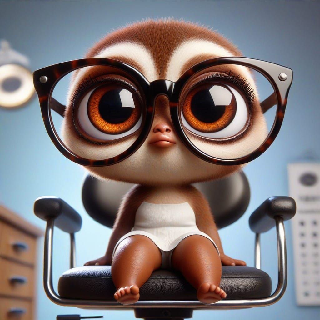 Bottom view, 8k, 4d, image of a CGI CARTOON-painted,cute, short-sighted ...