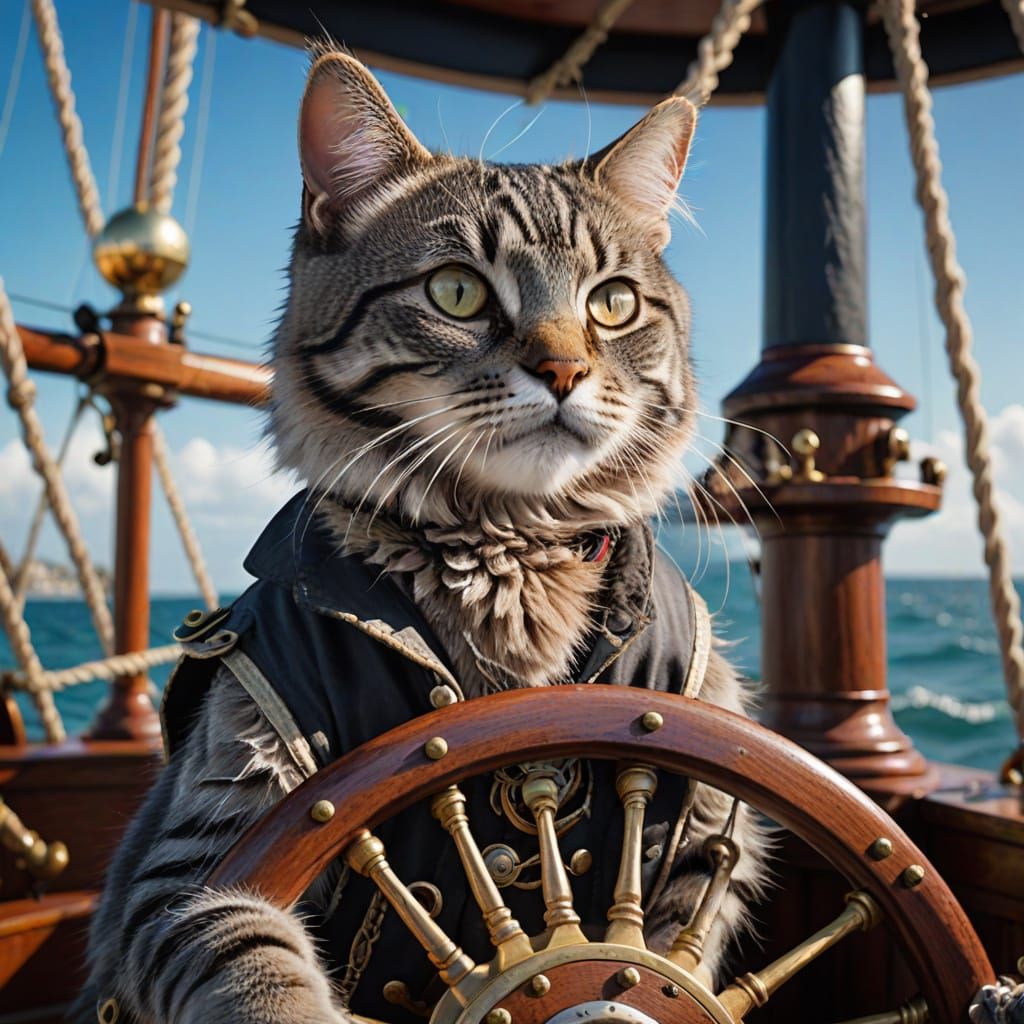 Pirate Cat - Tabby Cat Pirate at Helm in Detailed Digital Ph...