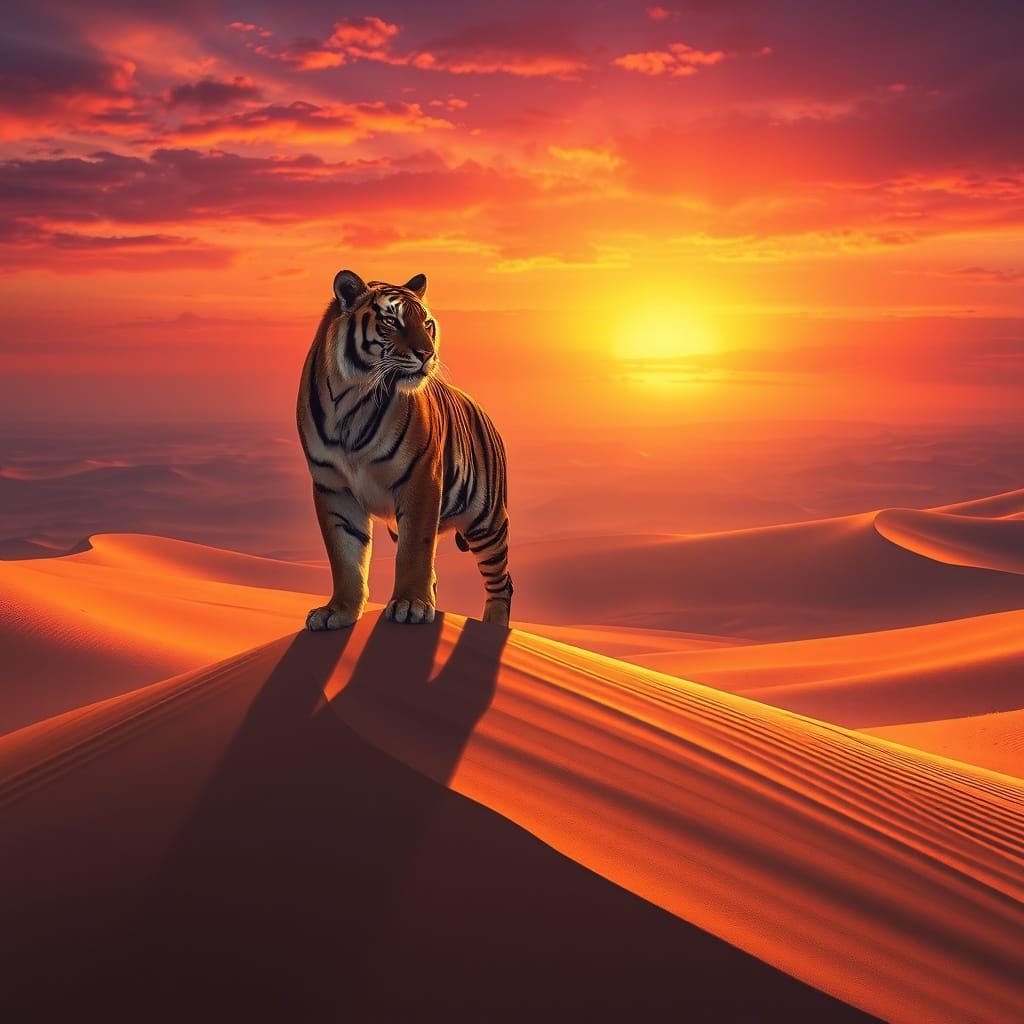 Tiger in a Desert at Sunset: A powerful tiger standing on a dune in a ...