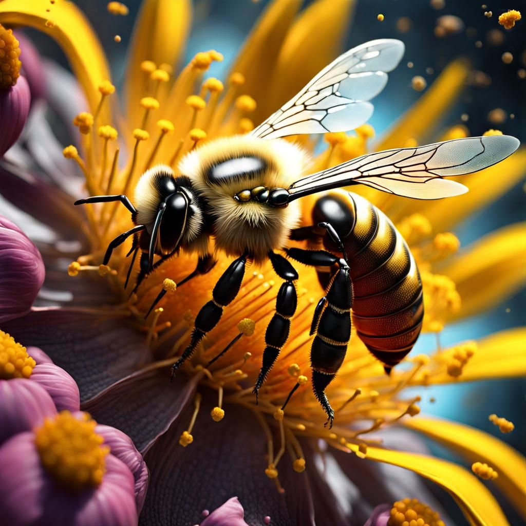 honey bee full of pollen, pollinating a flower, bits of pollen in the ...