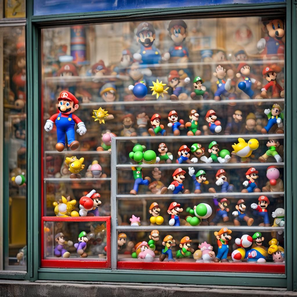 A toy shop window displaying Super Mario Bros. items, vibrant colors ...