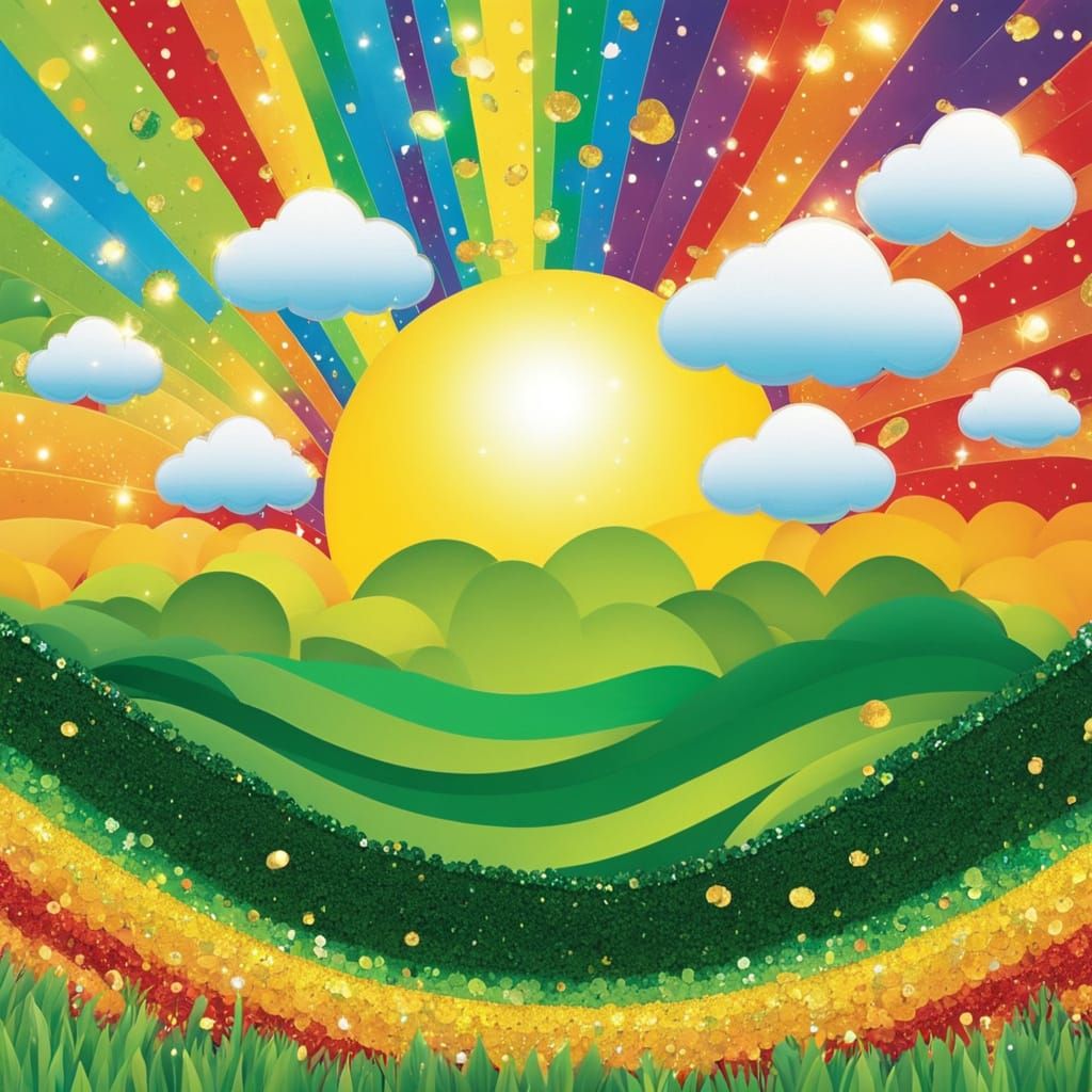 Under the Rainbow - Sequins Rainbow Scene in a Vibrant Green...