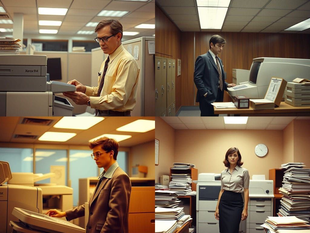 1970s Office Worker Uses Vintage Xerox Machine - AI Art