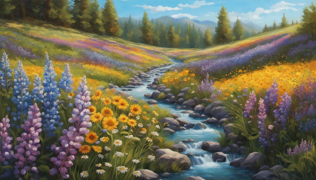 A bubbling brook meanders through a colourful meadow full of lupines, daisies and sunflowers ...
