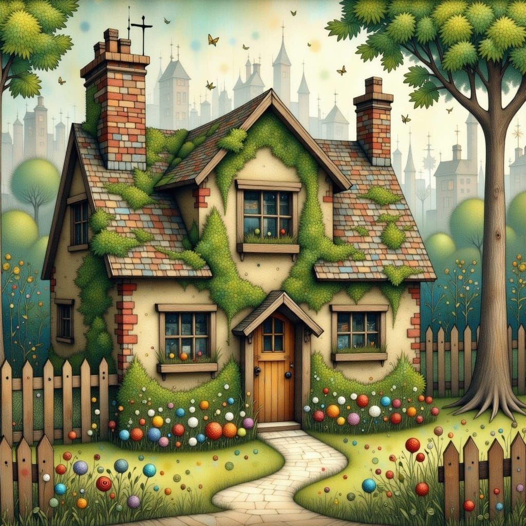 The image depicts a charming, single-story house nestled among trees ...