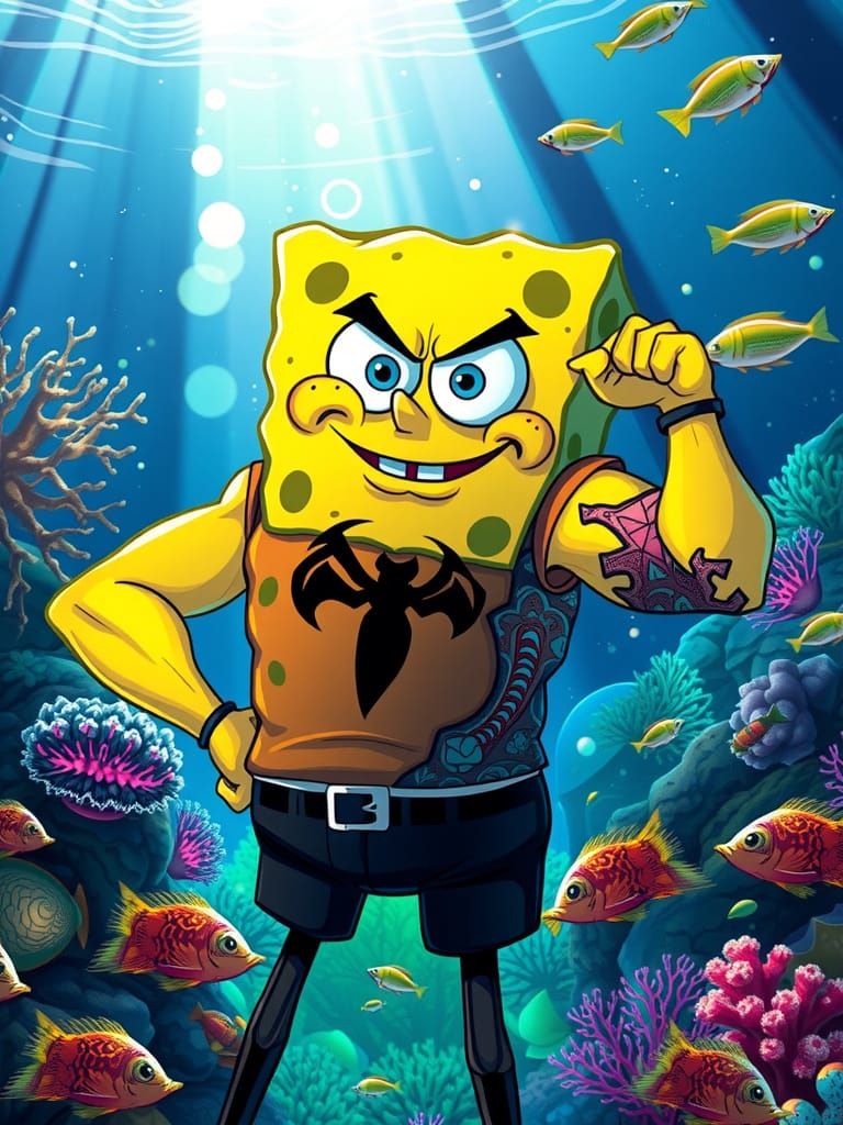 A muscular SpongeBob SquarePants, showcasing impressive biceps, gazes ...