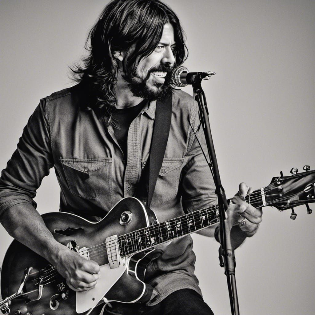 "Dave Grohl teaches a guitar to love", vibrant lighting, deep depth of ...