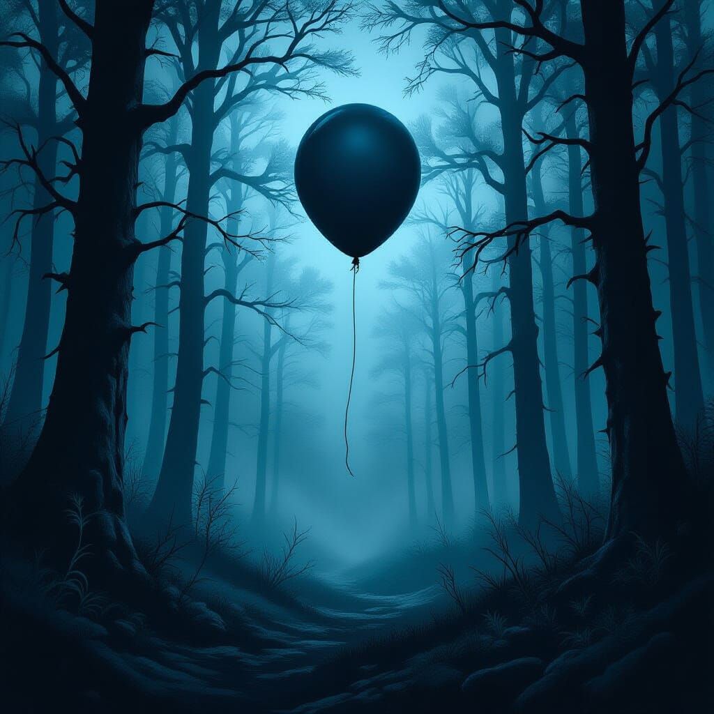 A lone balloon drifting through a dark forest