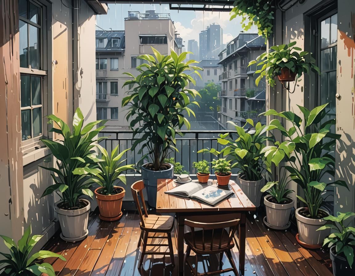 Sketchbook Showing gouache painting, A Rainy day and balcony, plants ...