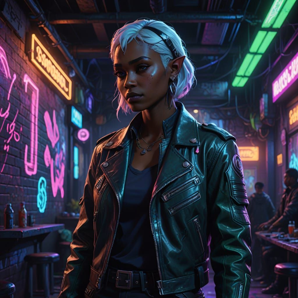 Dark Fantasy Biker Elf in Neon Punk Club - AI Art