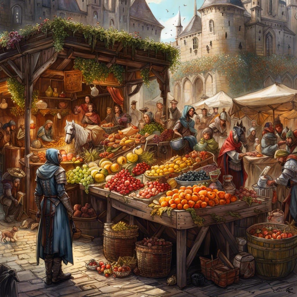 a medieval marketstand with fruits - AI Generated Artwork - NightCafe ...