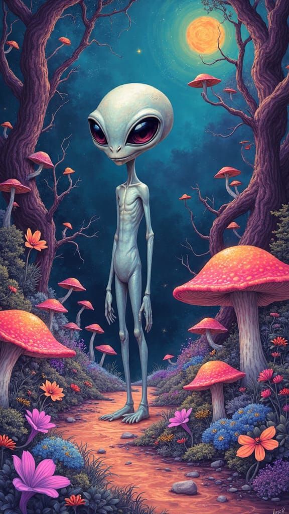 Ethereal Gray Alien in Vibrant Surrealist Wonderla... - AI Art