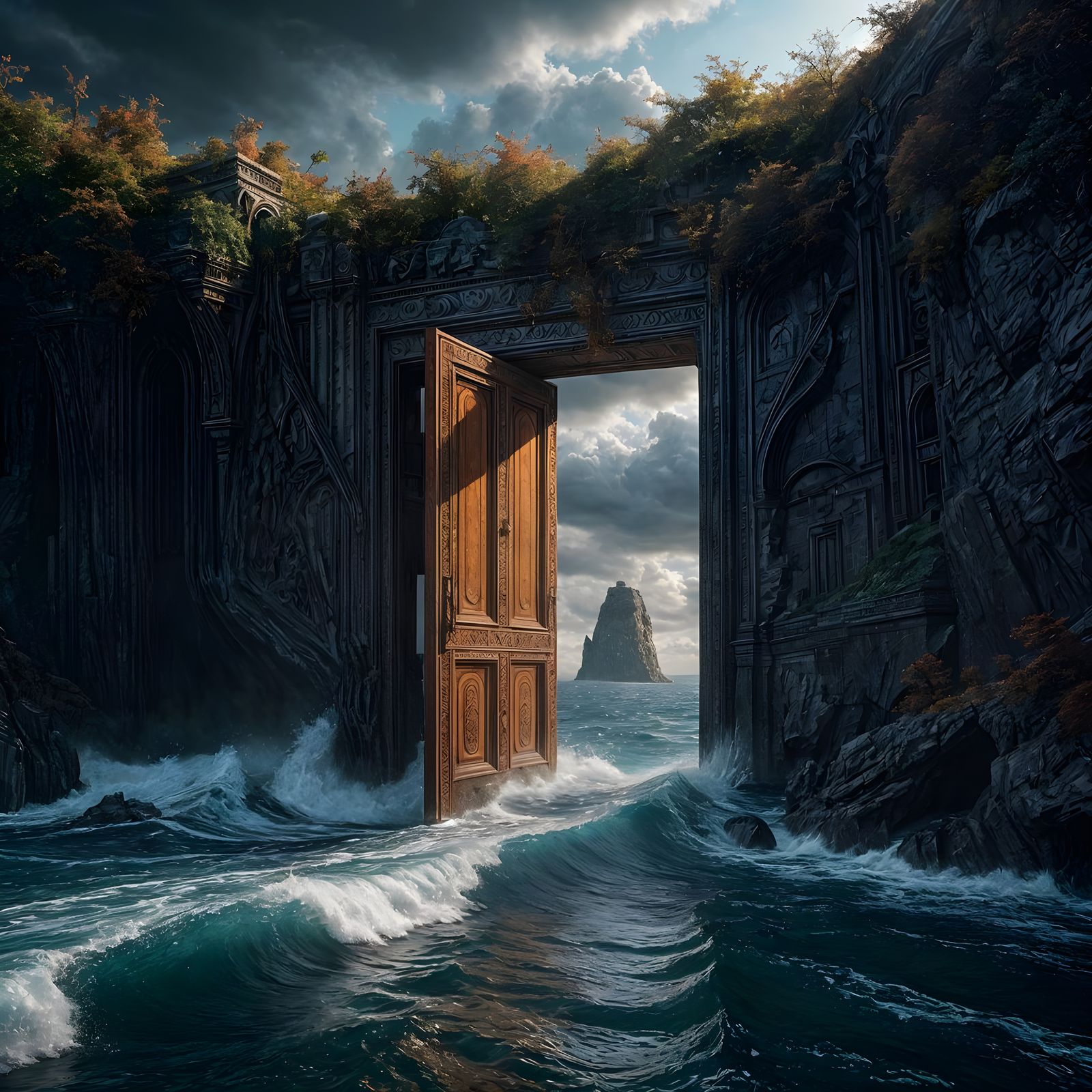Floating Door to a Black and Red Island - AI Art