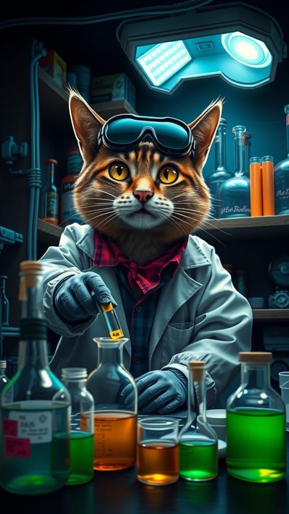 Cyberpunk Chemist Cat in High-Tech Lair - AI Art