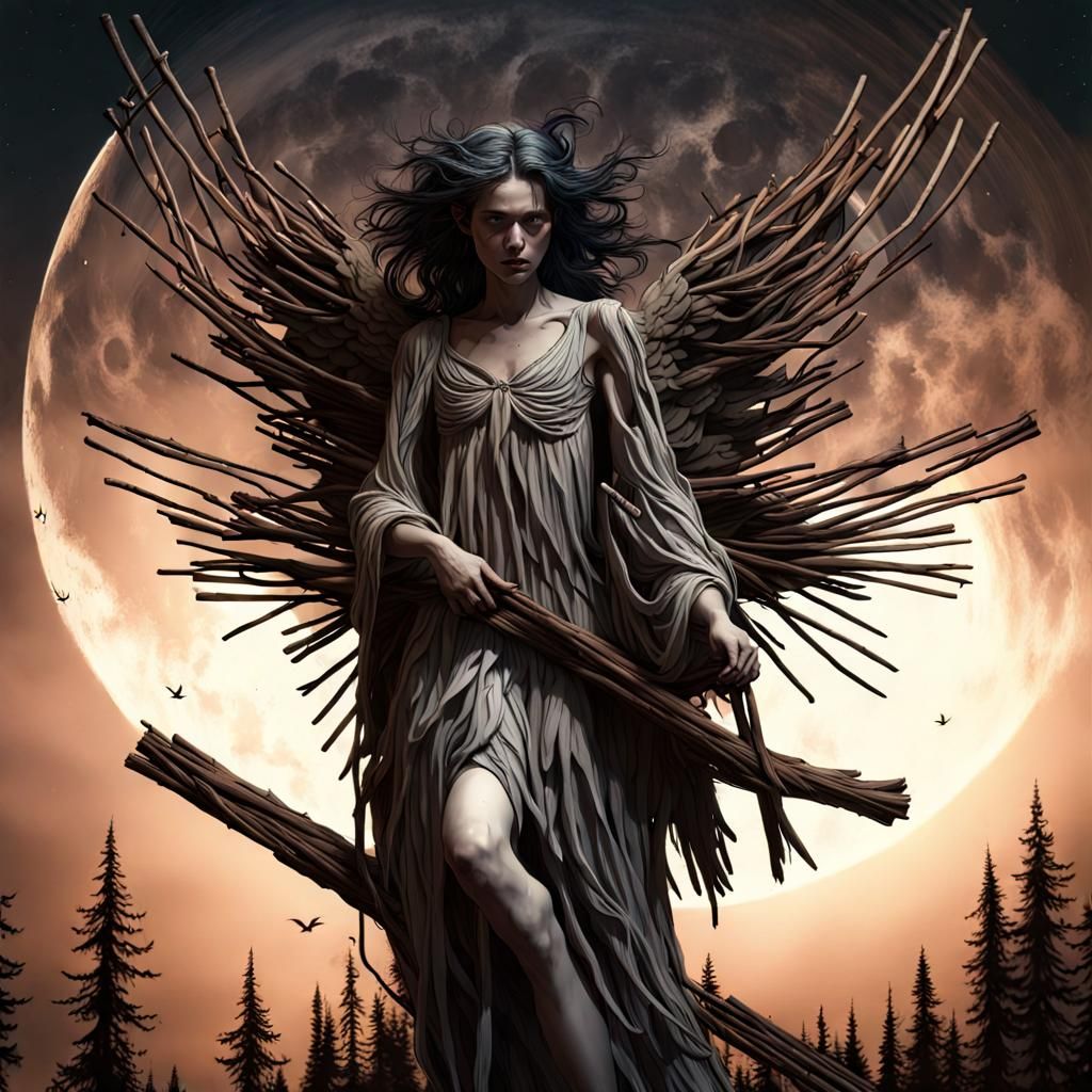 Mourning Angel made of sticks in a forest under the moon - AI Generated ...
